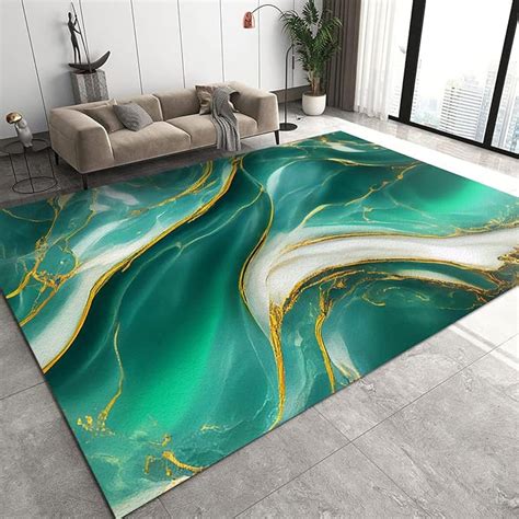 Emerald Green Art Area Rugs Golden Lines Modern Luxury Abstract Marble