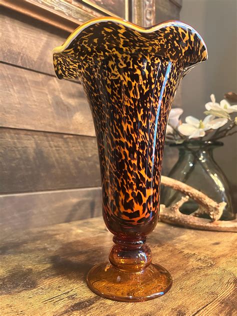 Hand Blown Tortoise Shell Glass Vase • Amber And Yellow Pedestal Vase 95