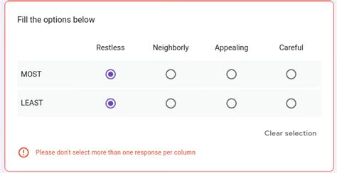 Google Form Grid Prevent 2 Rows From Having A Same Column Value Stack Overflow