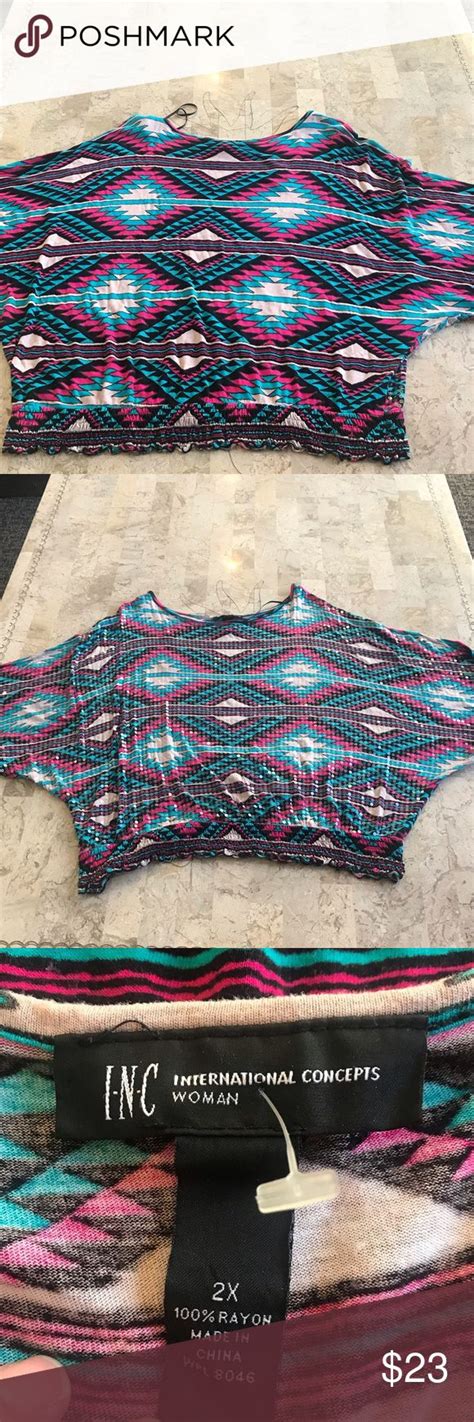Inc Aztec Print Sequin Dolman Sleeve Plus Size 1x