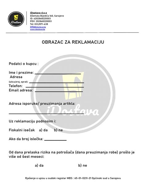 Obrazac Za Reklamaciju Idostavad O O Sarajevo Pdf
