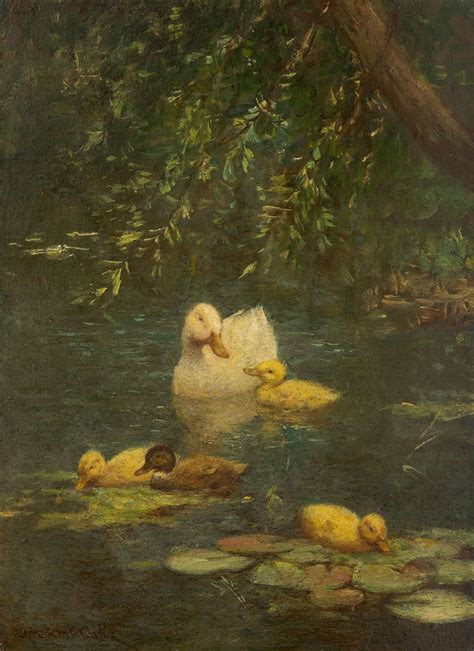 An Oil Painting Of Ducks And Ducklings In A Pond