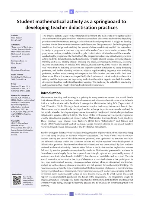 Pdf Student Mathematical Activity As A Springboard To Developing