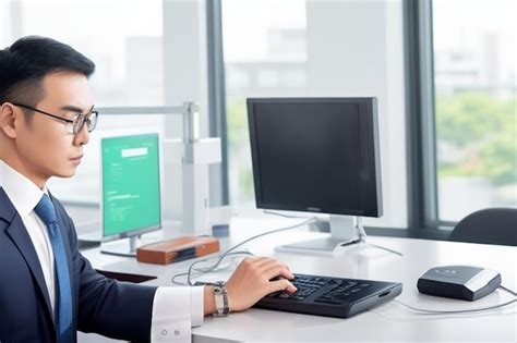 Premium Ai Image Productive Workspace Asian Businessman Typing On Computer In Bright Room