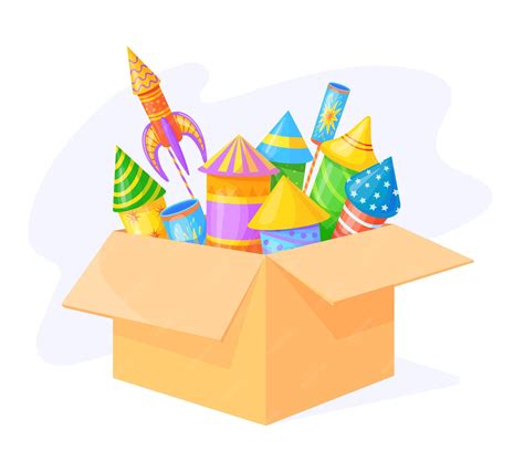 만화 불꽃 상자 크리스마스 파티를 위한 불꽃놀이 불꽃놀이 또는 기념일 폭죽을 축하하는 화려한 로켓 폭발 종이 폭죽 깔끔한 벡터 삽화 프리미엄 벡터