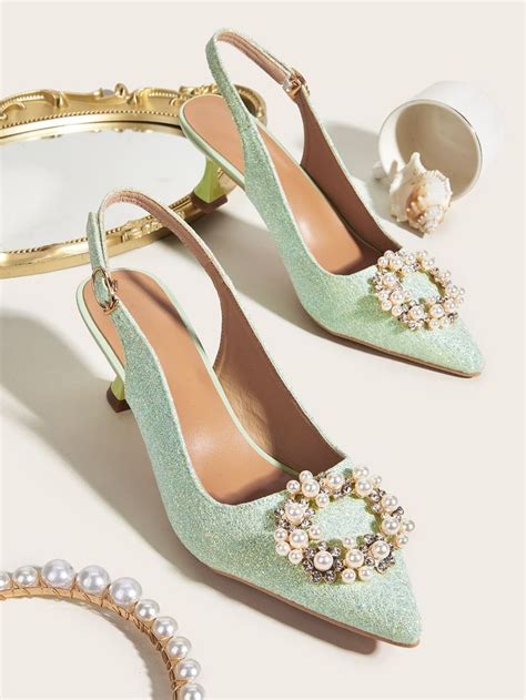 Rhinestone And Faux Pearl Decor Slingback Pumps Rhinestone Shoes Shoe