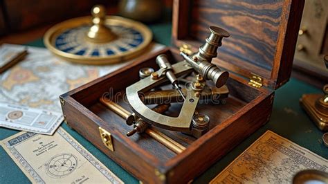 Antique Brass Sextant In Wooden Box With Nautical Maps And Navigation