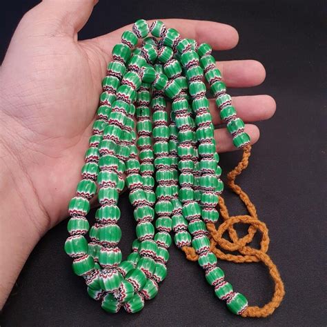 Vintage Venetian African Style Green Glass Chevron 10mm Beads Long