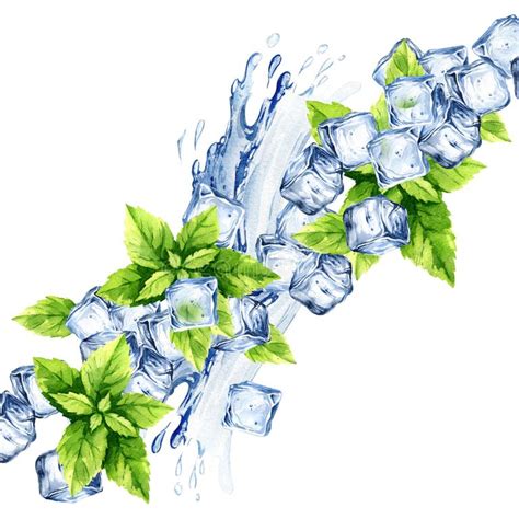 Crystal Ice Blocks Fresh Leaves Of Mint And Jet Of Water Splashes And
