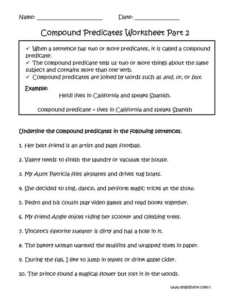 Compound Predicate Worksheet Part 2 Subject And Predicate Subject