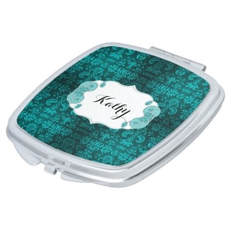 Teal Damask Name Template Vanity Mirror