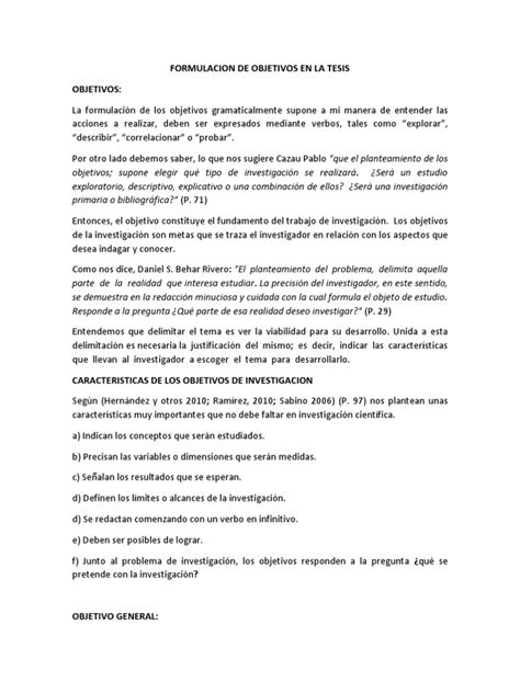 Formulacion De Objetivos En La Tesis Pdf Lógica Conocimiento