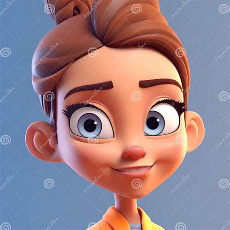 Cute Cartoon Girl With Brown Hair And Big Eyes 3d Rendering Stock