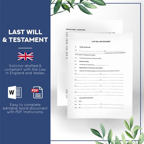 Last Will And Testament Template Uk Compliant With The Law In England