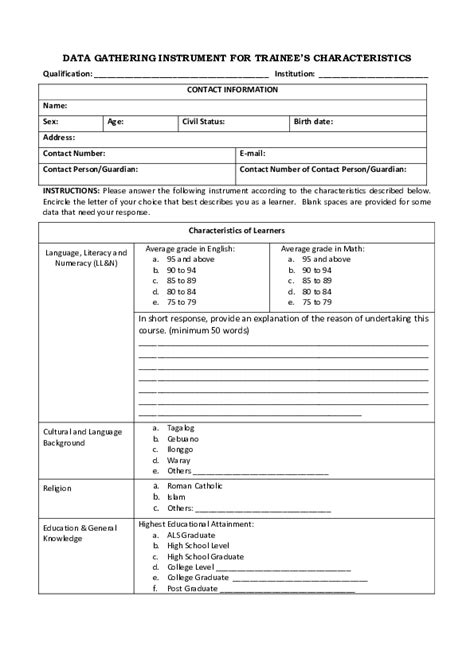 Doc Data Gathering Instrument For Trainees Characteristics