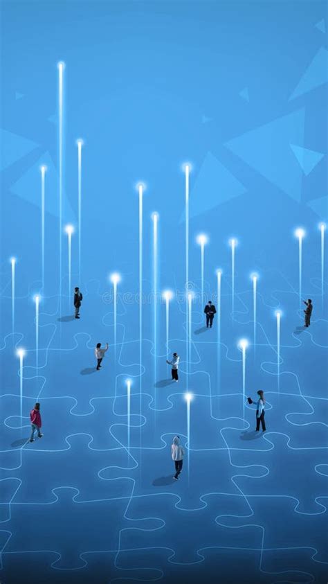 People Walking Across Puzzle Shaped Digital Surface With Luminous Data