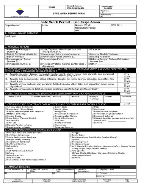 Final Stm Ohs Frm 030 Safe Work Permit Form Pdf