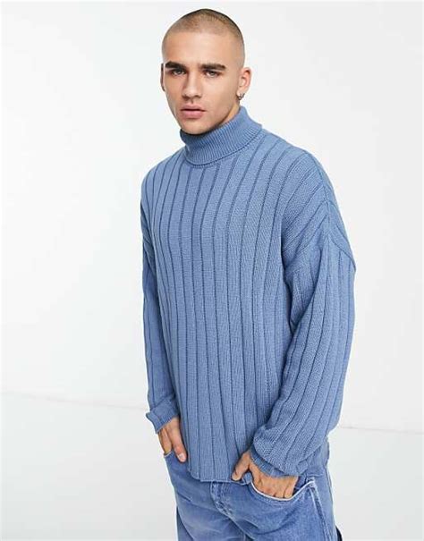 Asos Design Oversized Wide Ribbed Roll Neck Jumper In Blue Asos