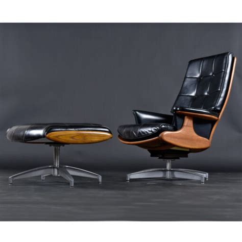 Heywood Wakefield 710d Black Vintage Swivel Rocker Lounge Chair And Ottoman