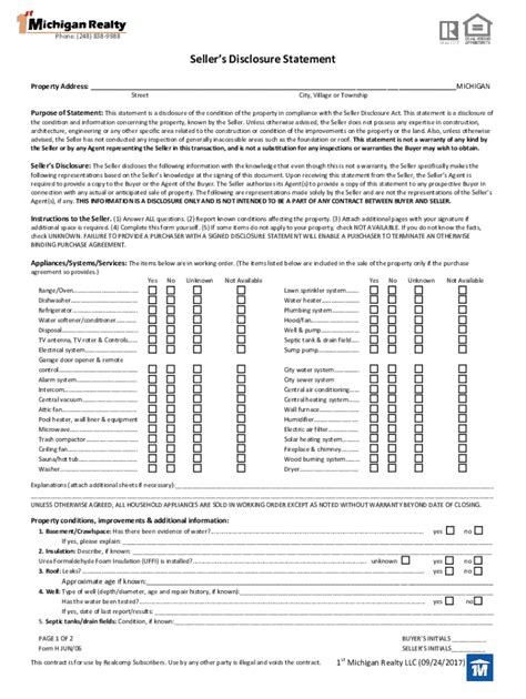 Fillable Online Free Michigan Property Disclosure Statementpdf Fax