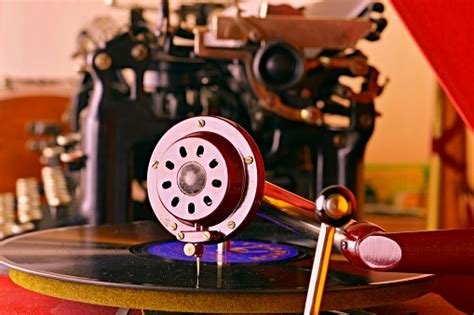 Old Record Player Gramophone Needle On Record Vintage Typewriter On