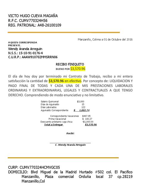 Ejemplo De Carta De Finiquito Laboral Pdf Relaciones Laborales
