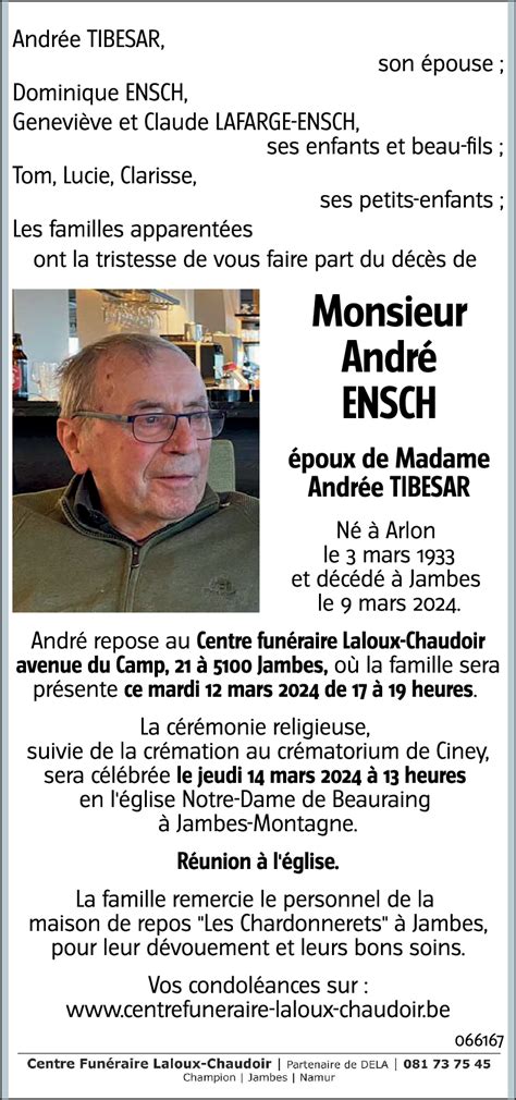 Avis De Décès De André Ensch Décédé Le 09032024 à Jambes Annonce Condoléances Fleurs Etc