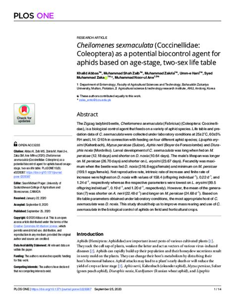 Pdf Cheilomenes Sexmaculata Coccinellidae Coleoptera As A