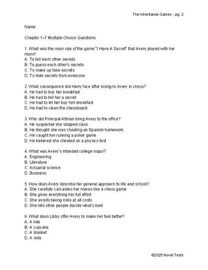 The Inheritance Games Multiple Choice Chapter Quiztest Assessments