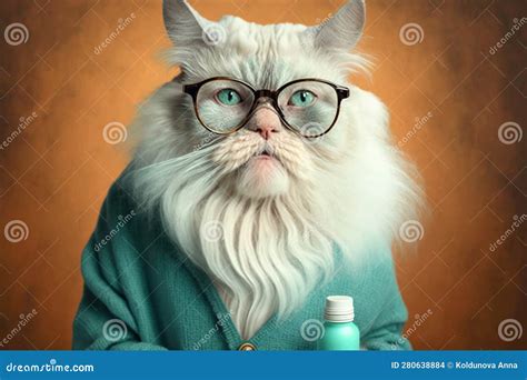 Studio Photo Portrait Of A Very Old Cat Wearing Glasses Taking Pills