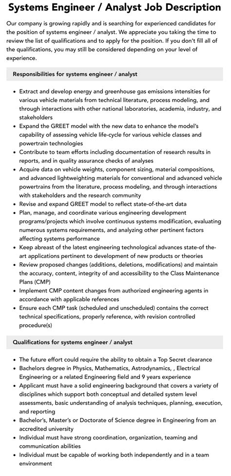 Systems Engineer Analyst Job Description Velvet Jobs
