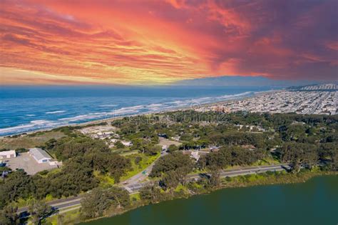 Aerial Shot Of A Beautiful Spring Landscape At Lake Merced With Vast