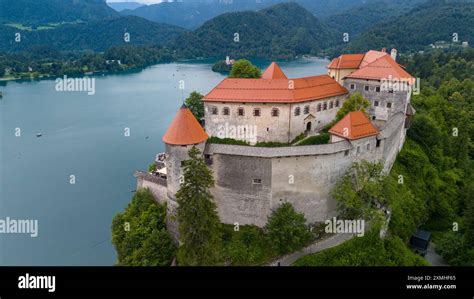 Aerial Panoramic View Of Beautiful Bled Castle Blejski Grad With Lake Bled Blejsko Jezero