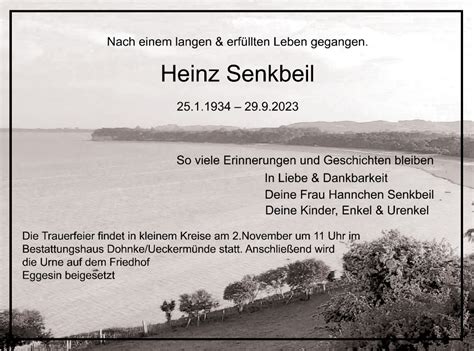 Traueranzeigen Von Heinz Senkbeil Trauer Nordkurier