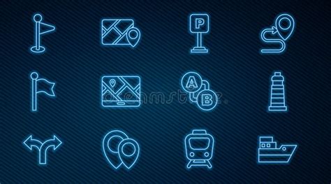 Set Line Ship Line Path Lighthouse Parking City Map Navigation Location Marker Route