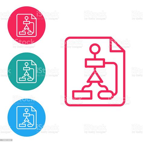 흰색 배경에서 격리된 프로그램 디자인 또는 프로세스 관리 계획 아이콘을 위한 빨간색 선 타일 순서도입니다 다이어그램을 차단합니다 원 버튼에 아이콘을 설정합니다 벡터 개념에