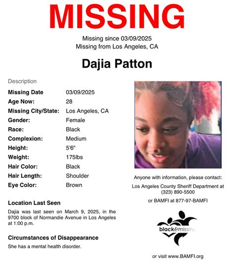 Black Los Angeles California Dajia Patton 28 Is Missing She Was Last Seen On March 9