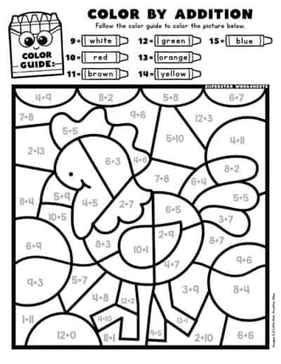 Addition Color By Number Superstar Worksheets