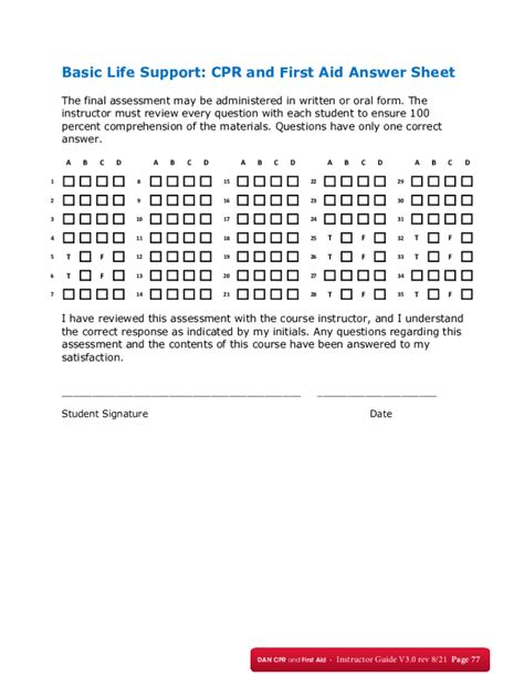 Fillable Online Cpr And First Aid Answer Sheet Dan Elearning Fax Email Print Pdffiller