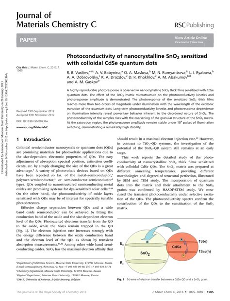 Pdf Photoconductivity Of Nanocrystalline Sno2 Sensitized With Colloidal Cdse Quantum Dots