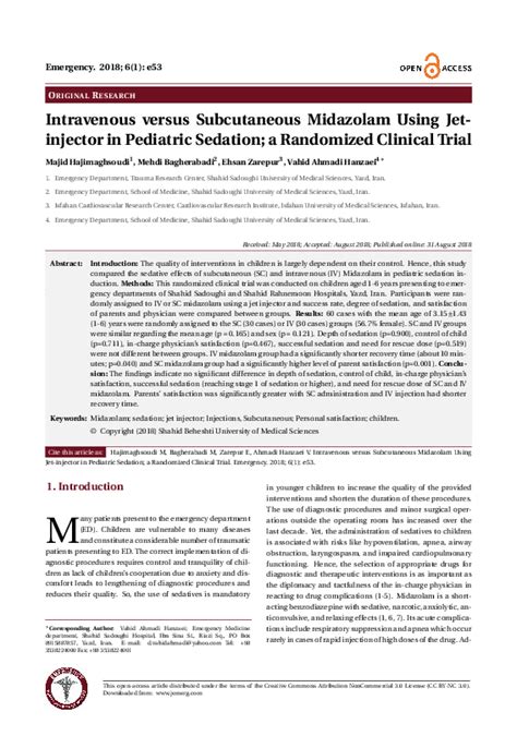 Pdf Intravenous Versus Subcutaneous Midazolam Using Jet Injector In Pediatric Sedation A