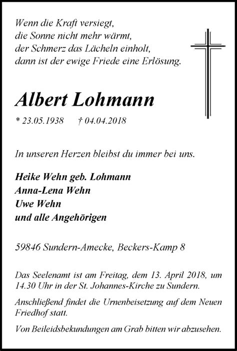 Traueranzeigen Von Albert Lohmann Trauer In Nrwde