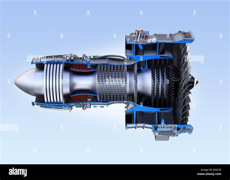 Turbofan Jet Engines Cross Section Frame Isolated On Blue Background