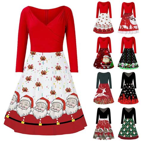 Buy Womens Retro Christmas A Line Swing Dress Long Sleeve V Neck Party