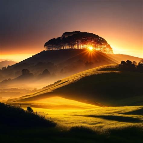 Premium Photo A Sunset With Trees On The Hill And The Sun Shining