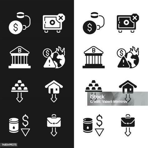 Set Global Economic Crisis Bank Building Debt Ball Chained To Coin Safe Gold Bars Falling