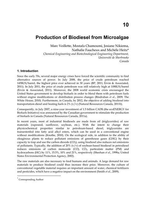 Pdf Production Of Biodiesel From Microalgae