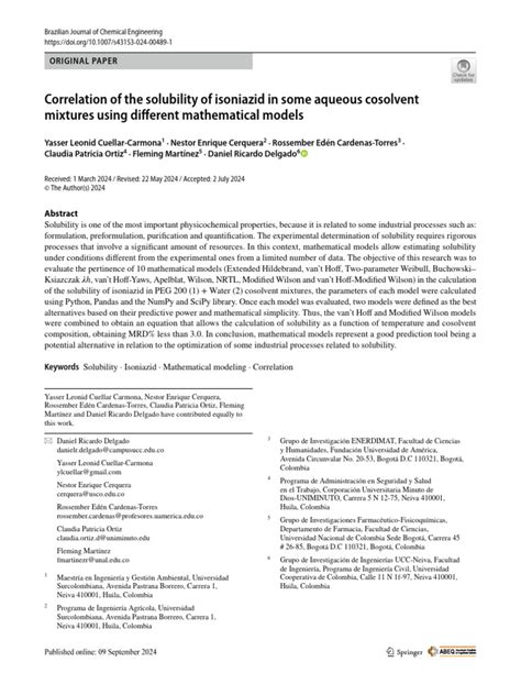 Correlation Of The Solubility Of Isoniazid In Some Aqueous Cosolvent