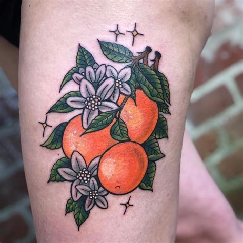 Neotraditional Orange Blossom Lemon Ankle Tattoo