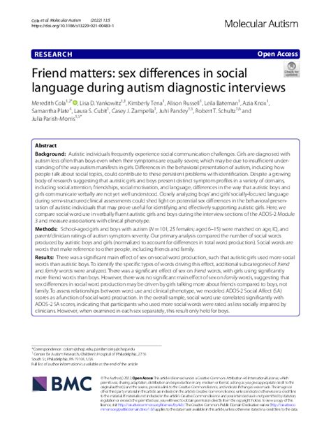 Pdf Friend Matters Sex Differences In Social Language During Autism